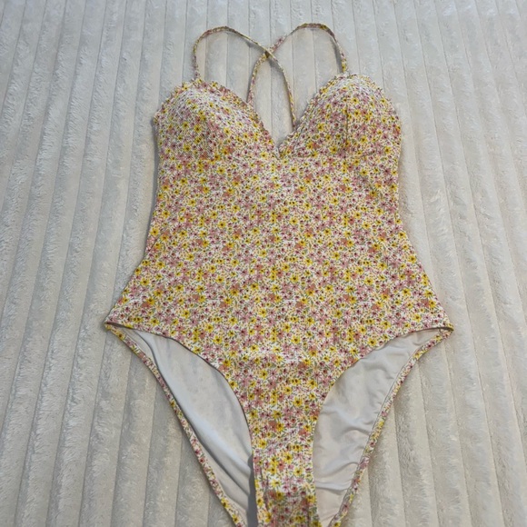 H&M | Swim | Hm Yellow Pink Floral Ribbed Ruffle One Piece Swimsuit ...